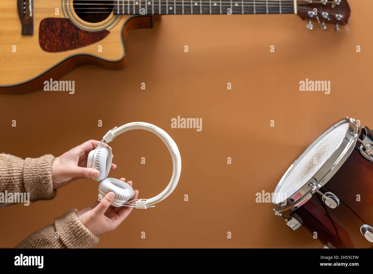 Musical background with musical instruments, flat lay, music creation ...