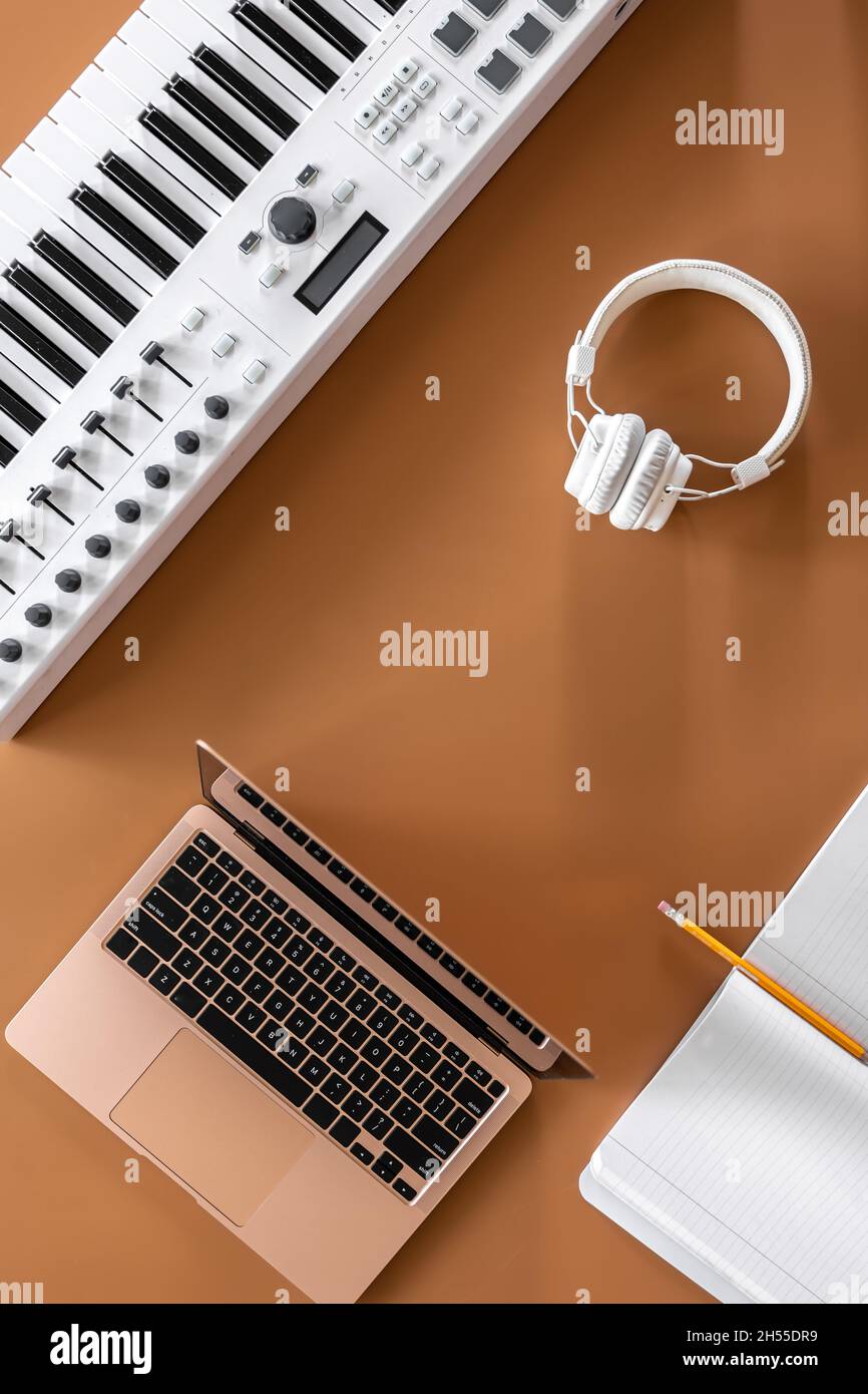 Musical flat lay background, music creation concept Stock Photo - Alamy