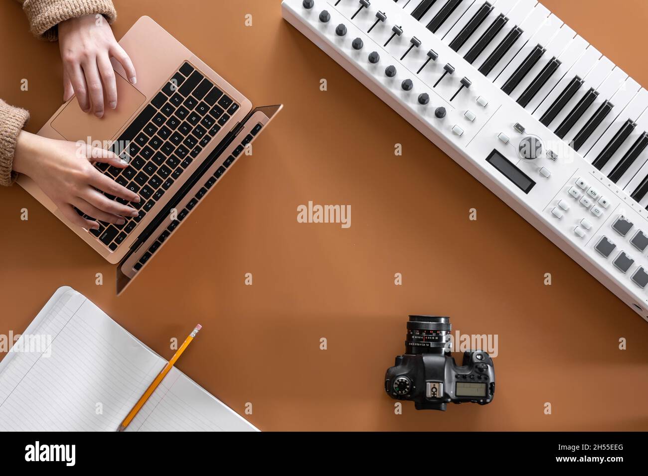 Musical flat lay background, music creation concept Stock Photo - Alamy