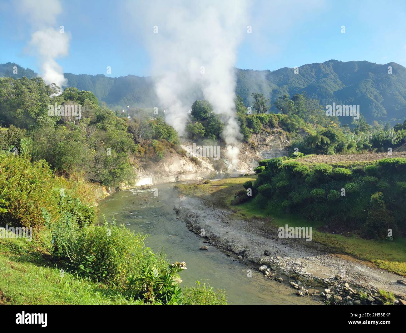hot volcanic steam over river in furnas Stock Photo - Alamy