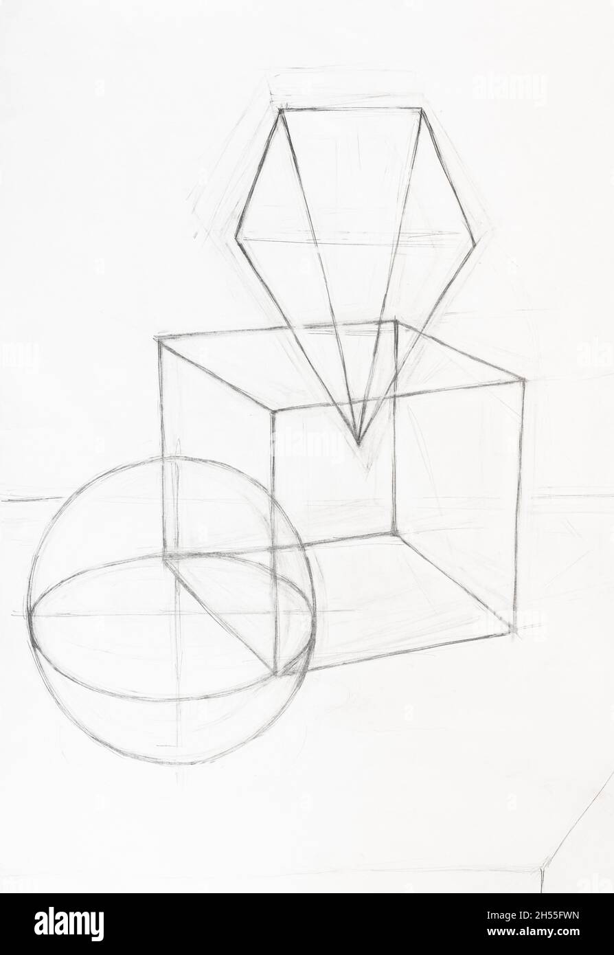 sketch of composition with ball, cube and pyramid hand-drawn by pencil ...