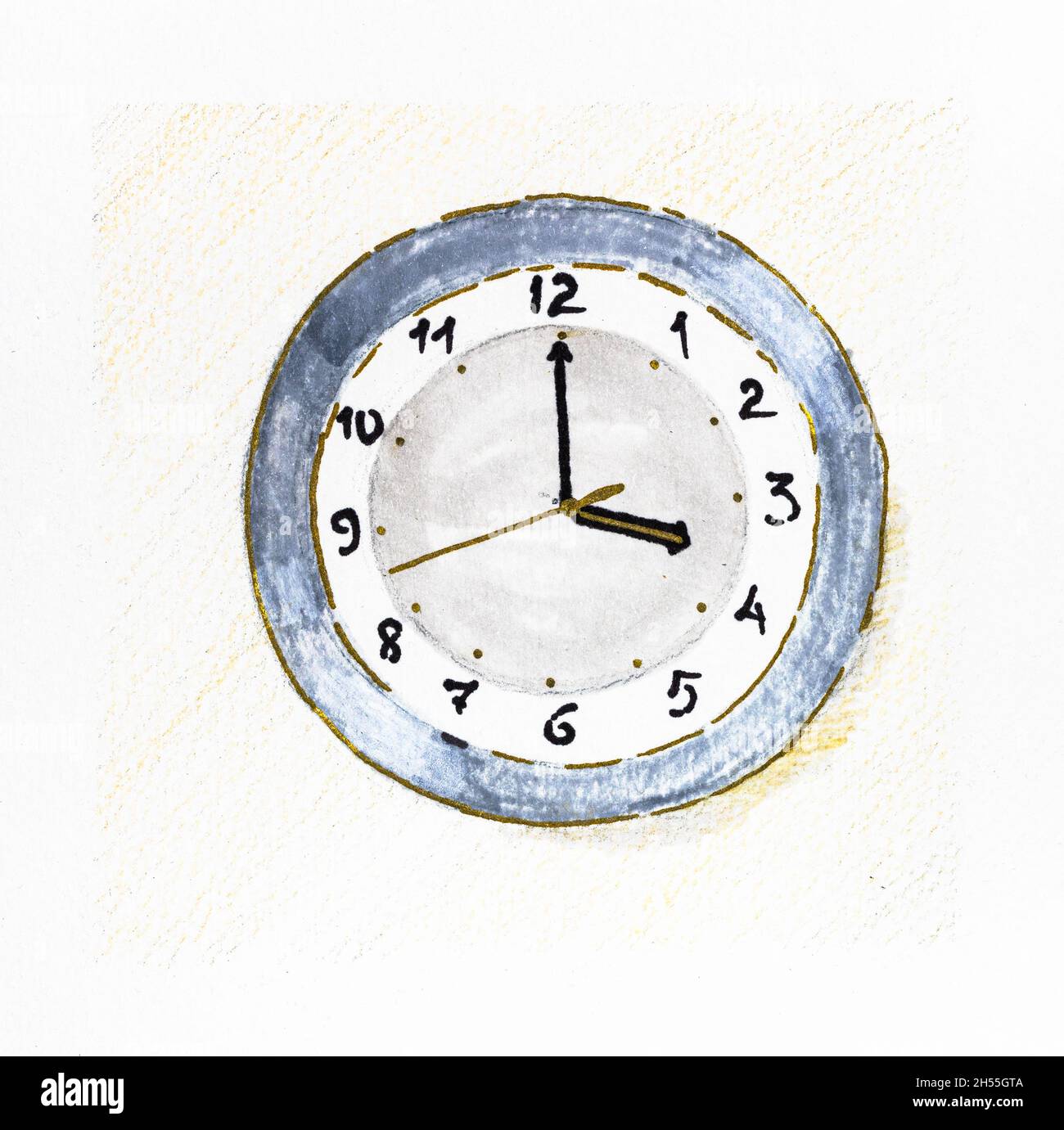sketch of round wall clock showing 4 o'clock on the dial hand-drawn ...
