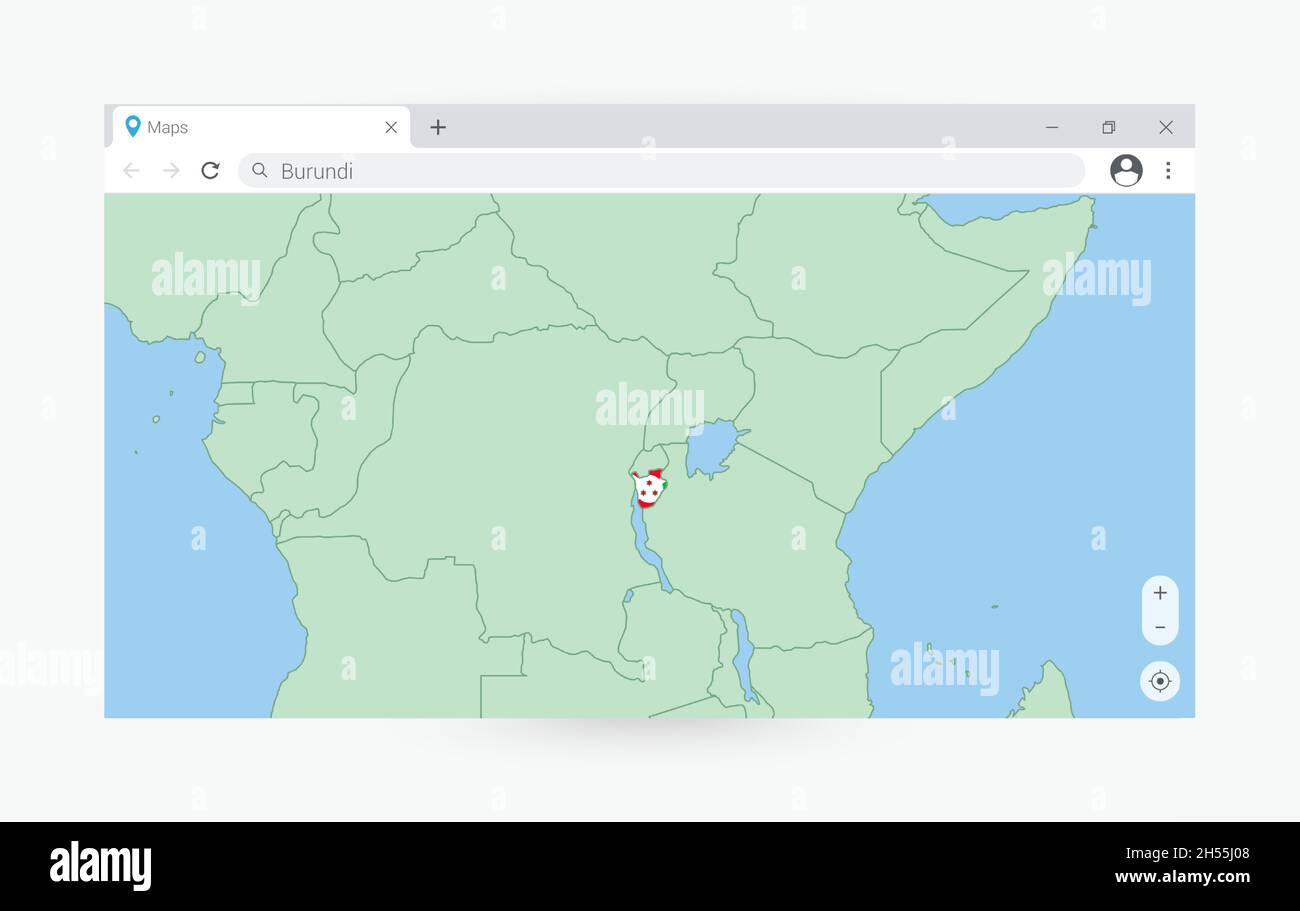 Browser window with map of Burundi, searching Burundi in internet ...