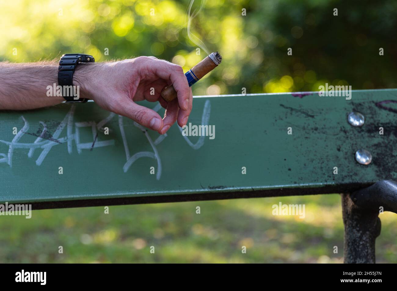 Hand of a man who is enjoying a cigar on a park bench Stock Photo - Alamy