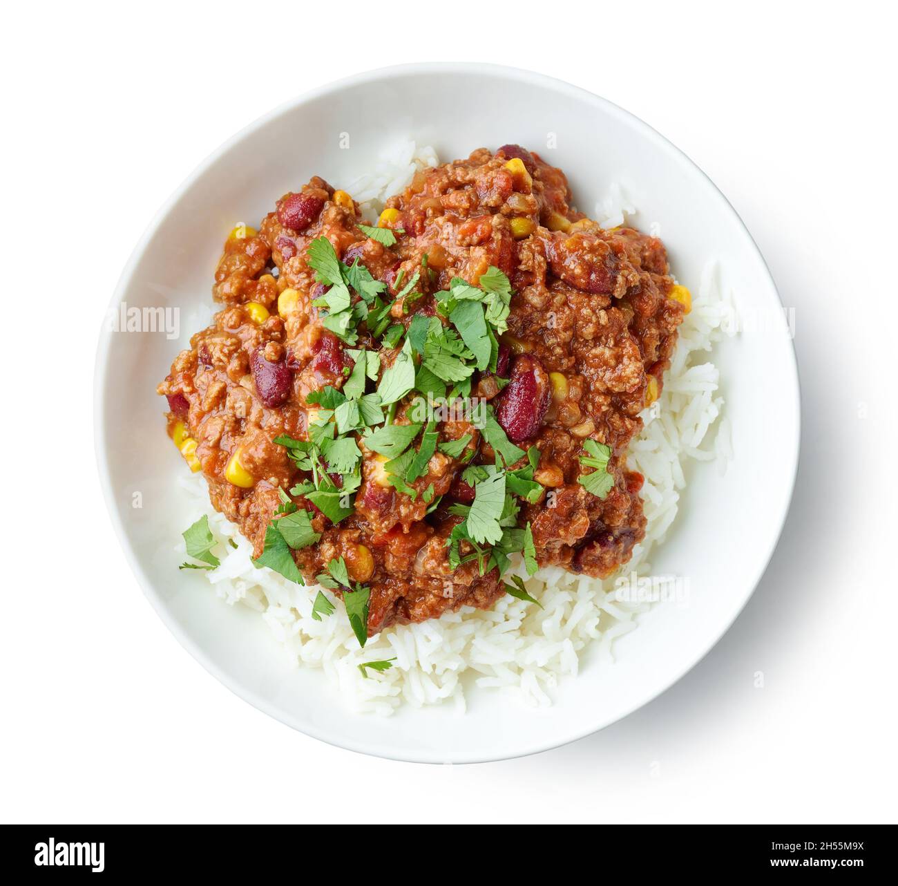 plate of rice and chili con carne isolated on white background, top ...