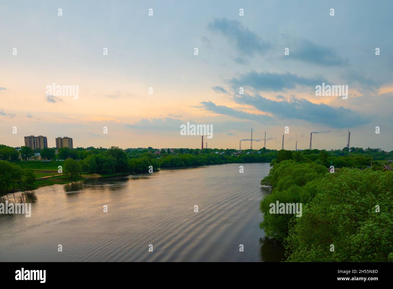 Beautiful panoramic view of a tall pedestrian and water pipe bridge ...