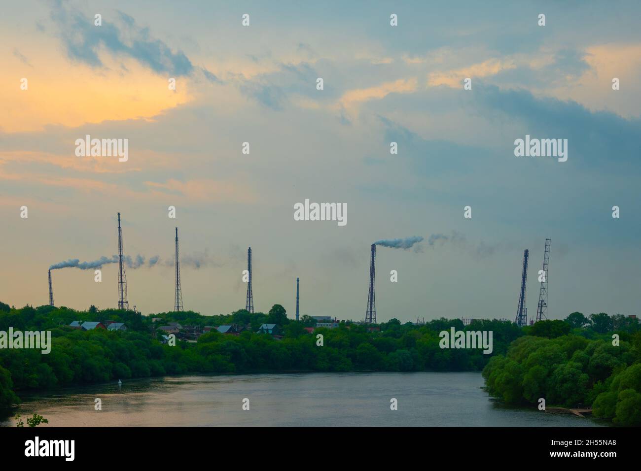 Beautiful panoramic view of a tall pedestrian and water pipe bridge ...