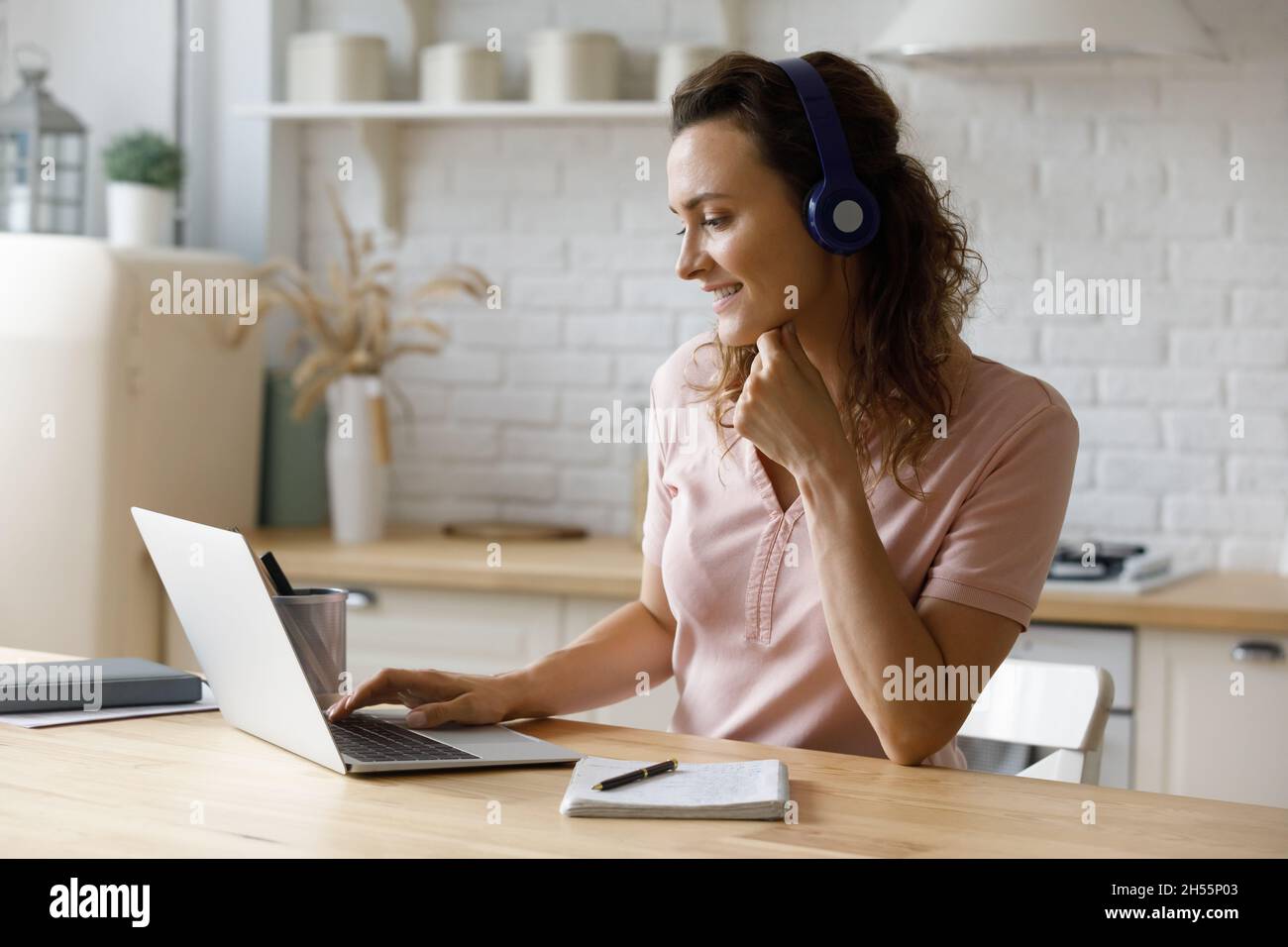 Happy young beautiful woman listening educational lecture Stock Photo ...