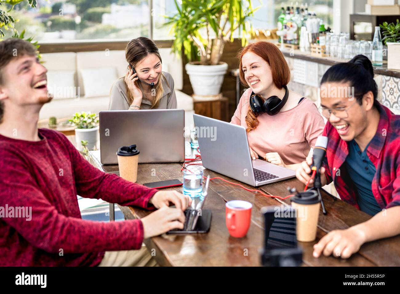 Digital native friends group sharing content speaking on streaming ...