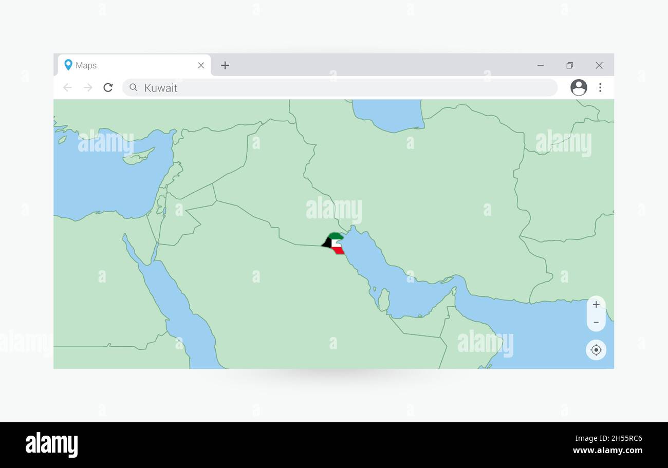 Browser window with map of Kuwait, searching Kuwait in internet. Modern ...