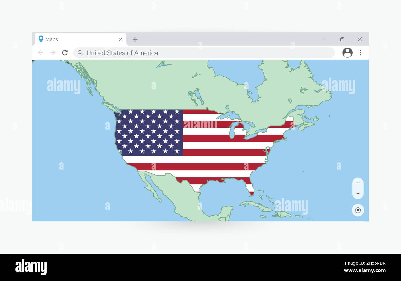 Browser window with map of USA, searching USA in internet. Modern ...