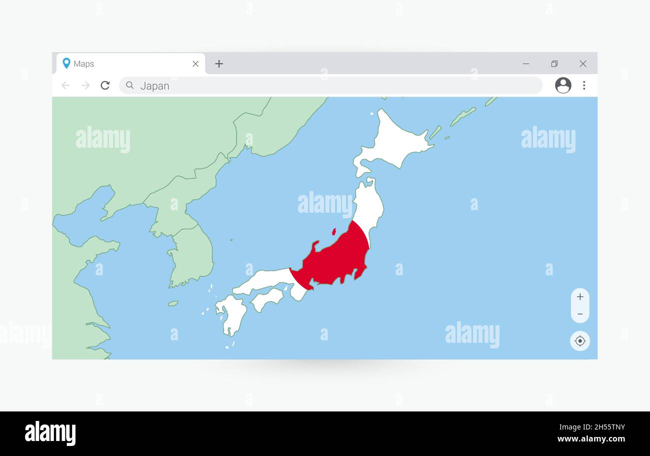 Browser window with map of Japan, searching Japan in internet. Modern ...
