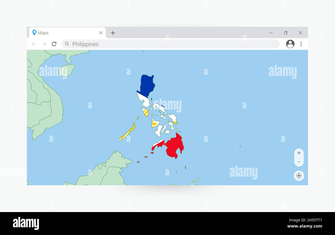 Browser window with map of Philippines, searching Philippines in ...