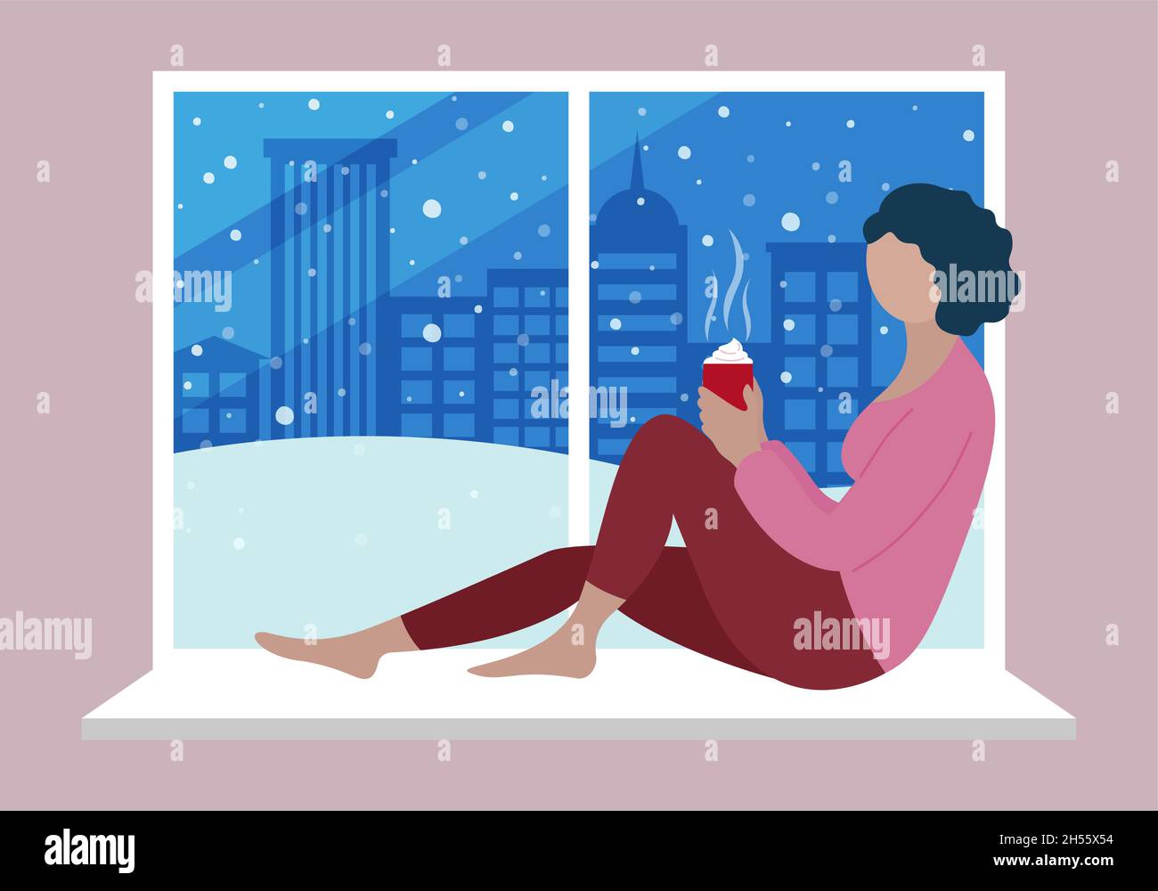 Winter evening. Woman sitting at window. Snowy weather. Silhouette of ...