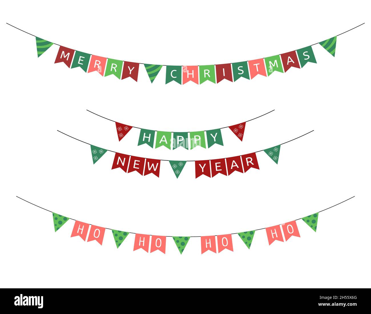 Christmas flags garlands. Vector set of New Year triangular holiday ...