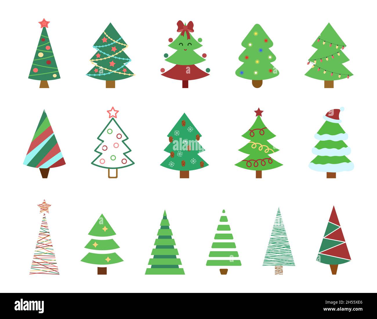 Christmas trees vector set. Cartoon decorated pines and fir trees ...