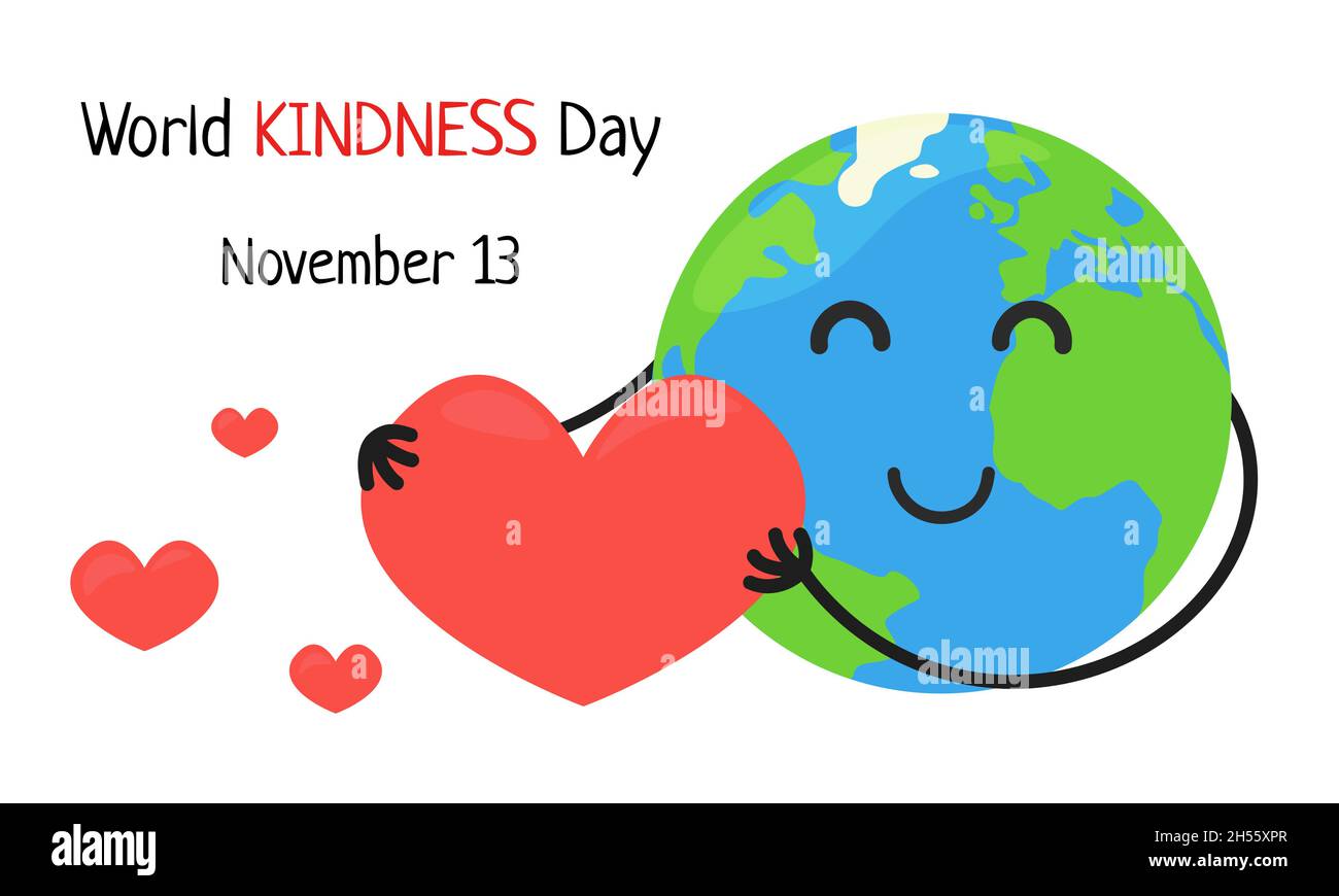 World Kindness Day. November 13. Cute happy Earth holding big heart ...