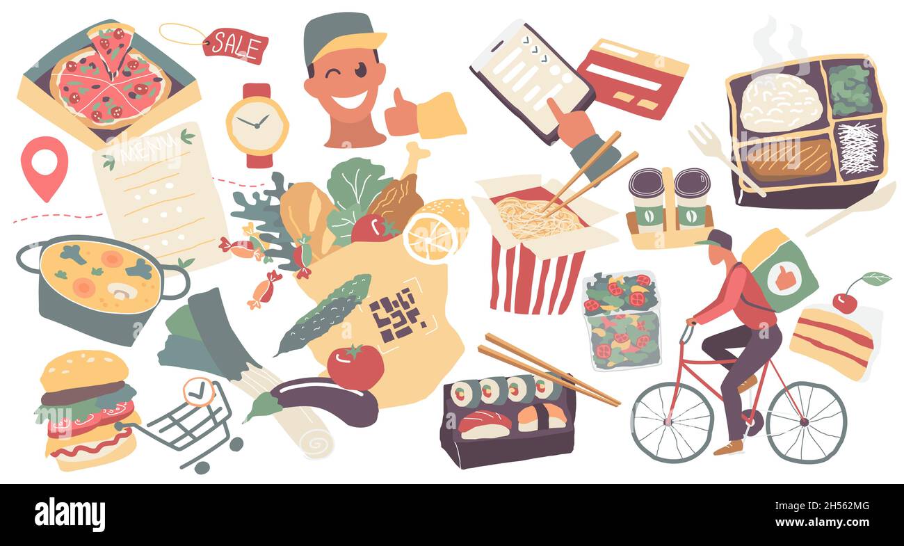 Food delivery service, grocery store set vector illustration. Cartoon ...