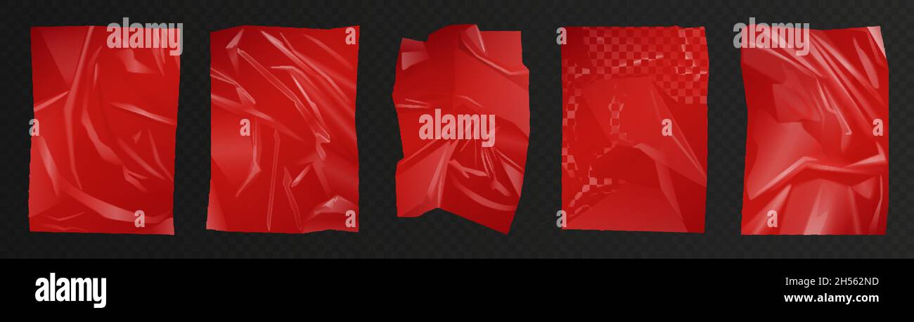 Red crumpled polyethylene film set vector illustration. 3d realistic ...