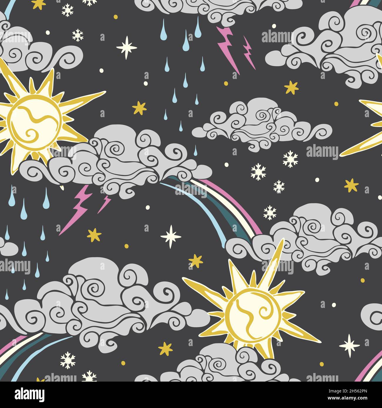 Seamless vector pattern with summer weather on grey background. Hand ...