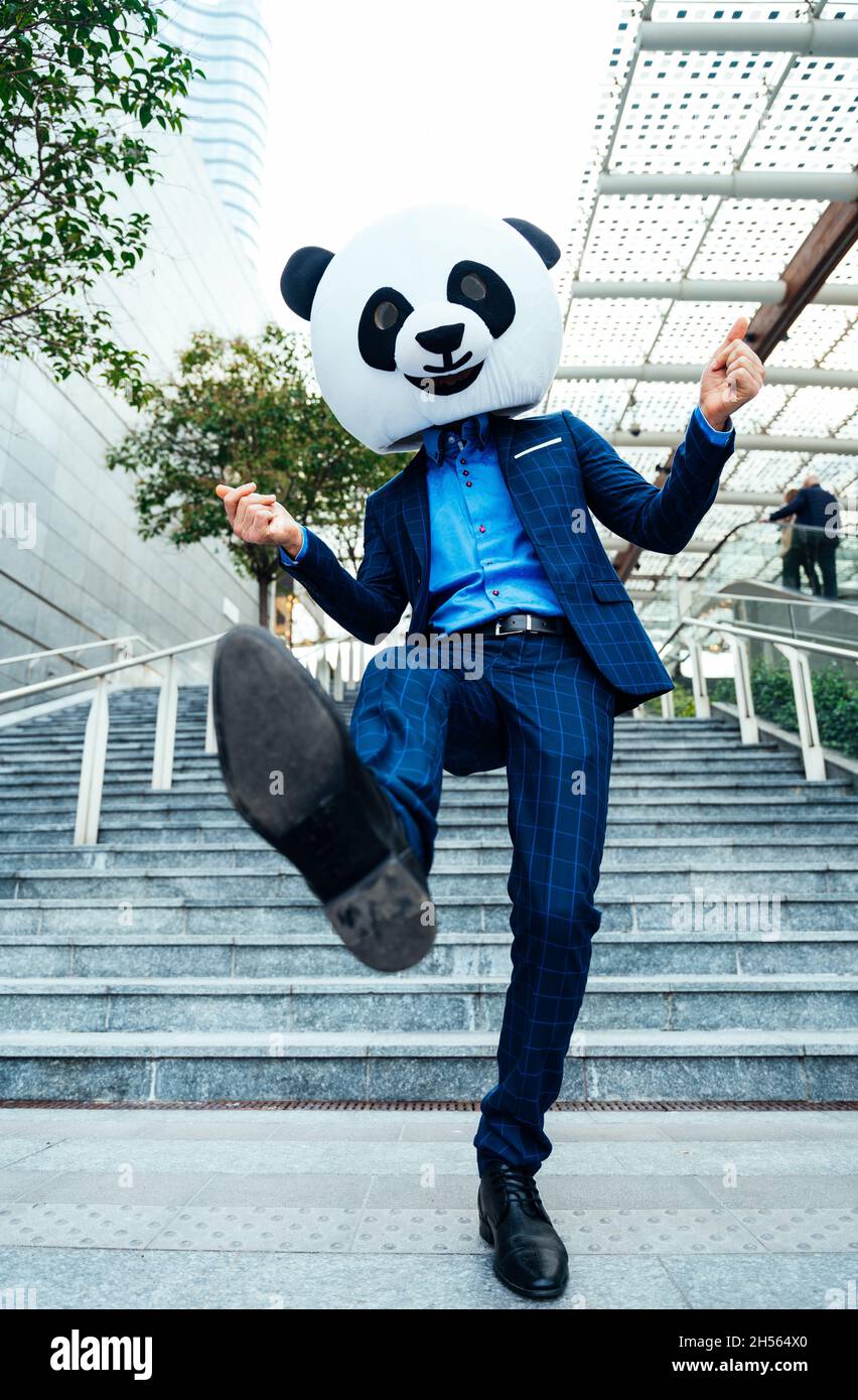 Storytelling image of a business man wearing a giant panda head Stock ...