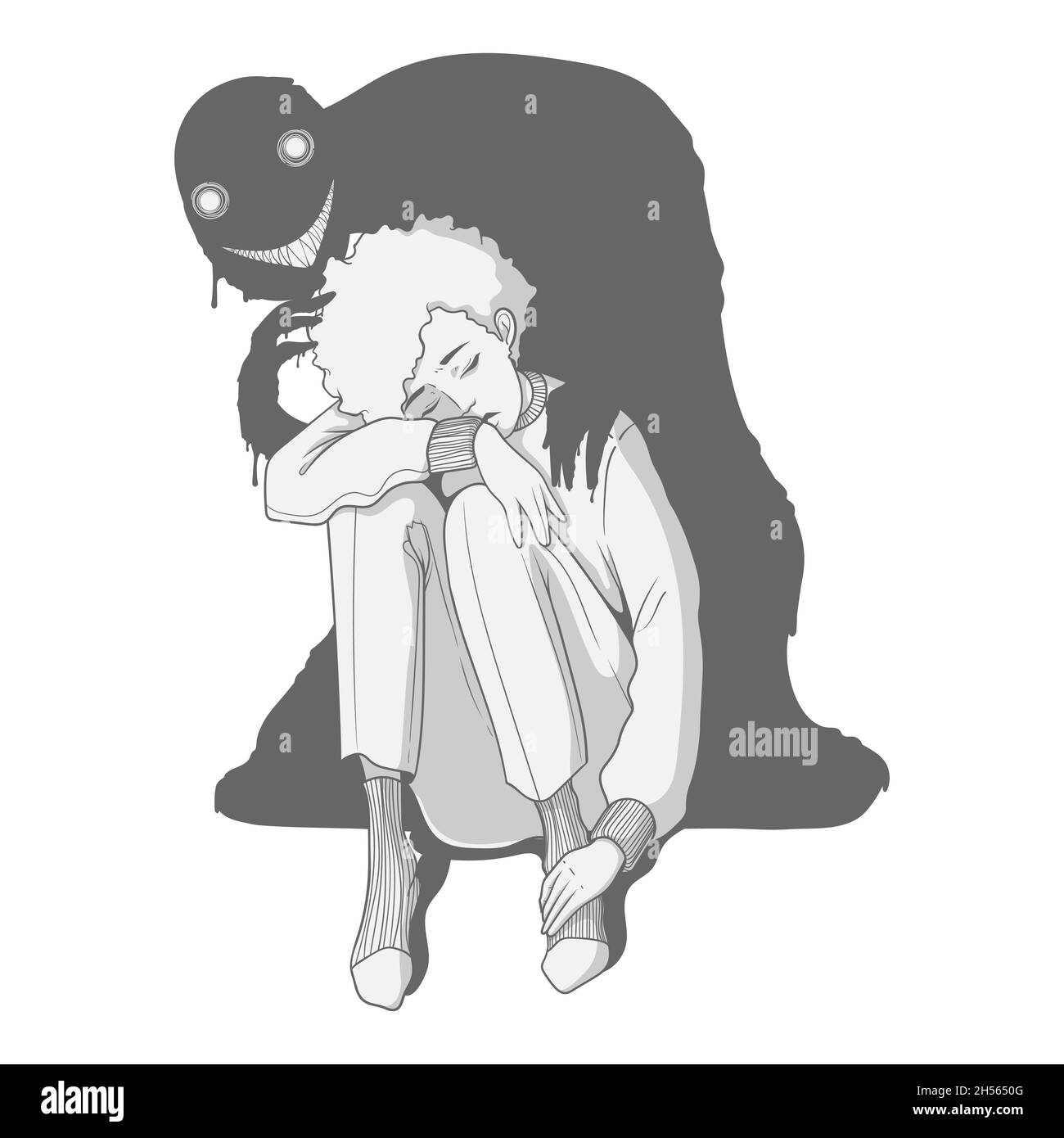 Lonely young girl with mental disorder hugging knees. Mental Health ...