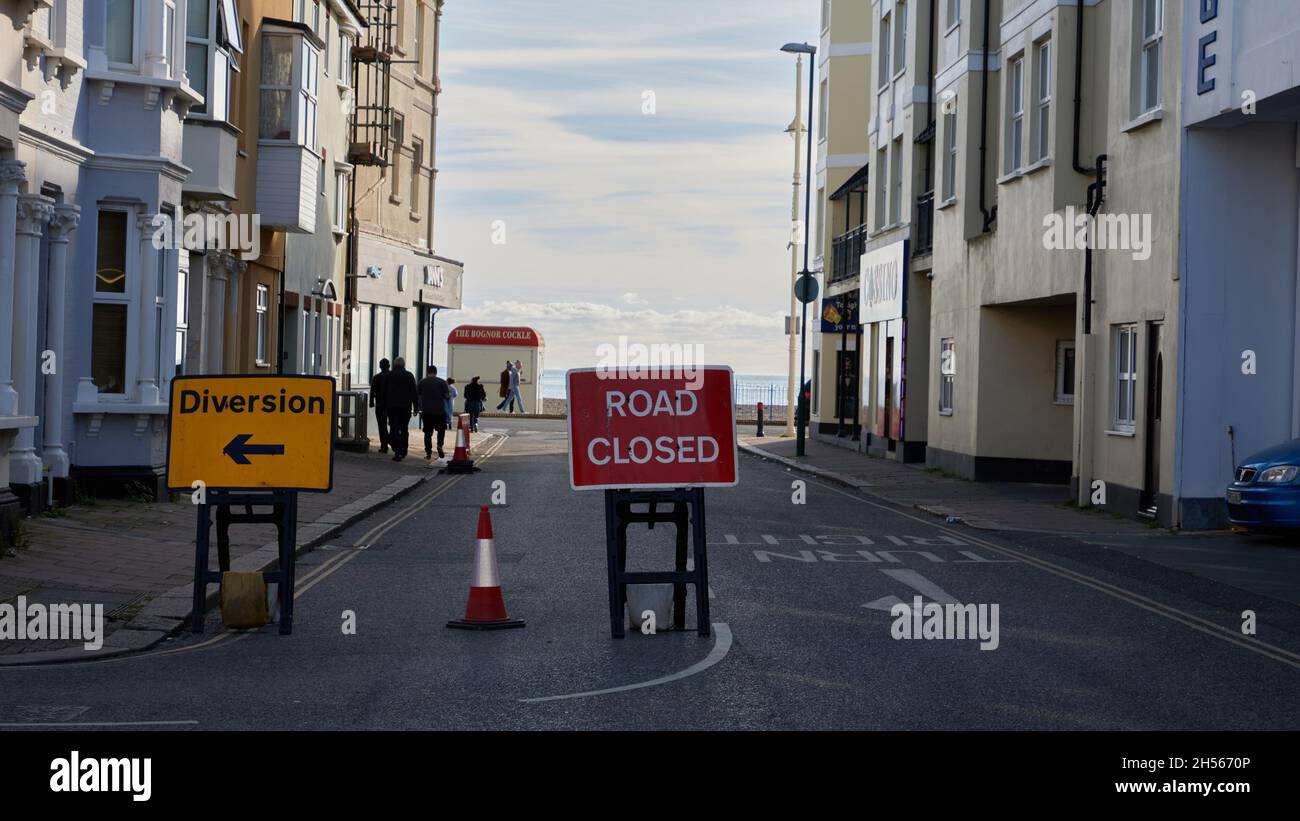 Traffiic road signs of road closed and Diversion seen on a street in ...