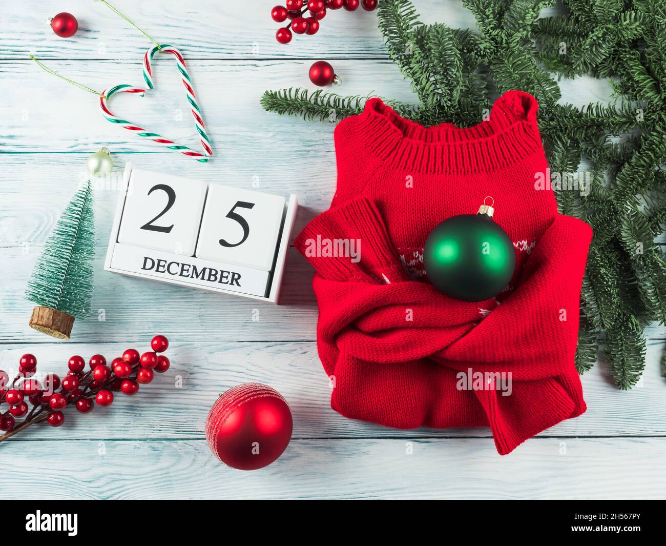 Festive christmas flat lay on white with calendar and sweater Stock ...