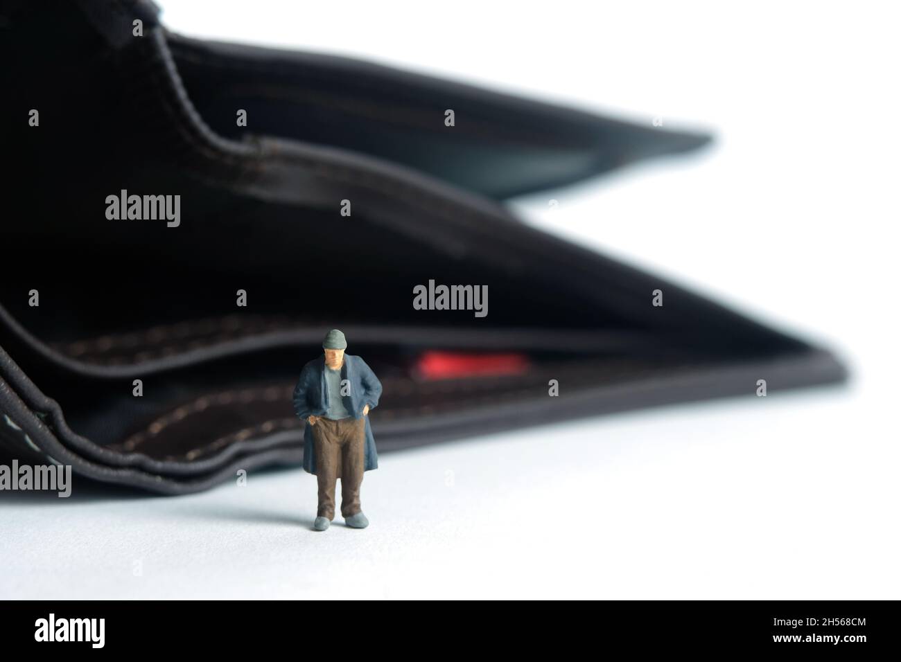 Poor men with empty wallet no money cash. Miniature tiny people toys ...