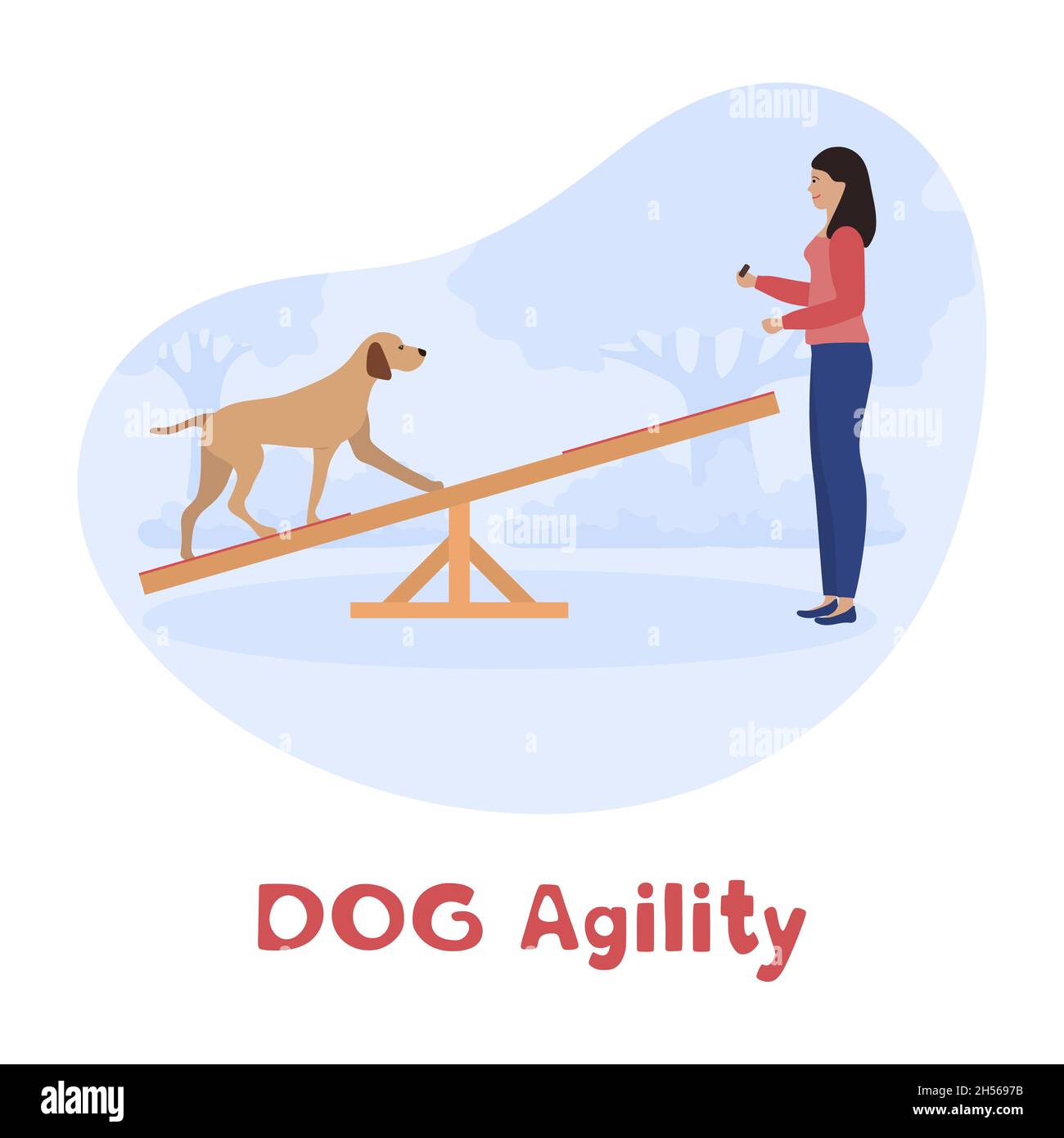 Vector illustration Woman training her dog on agility field. Playing ...