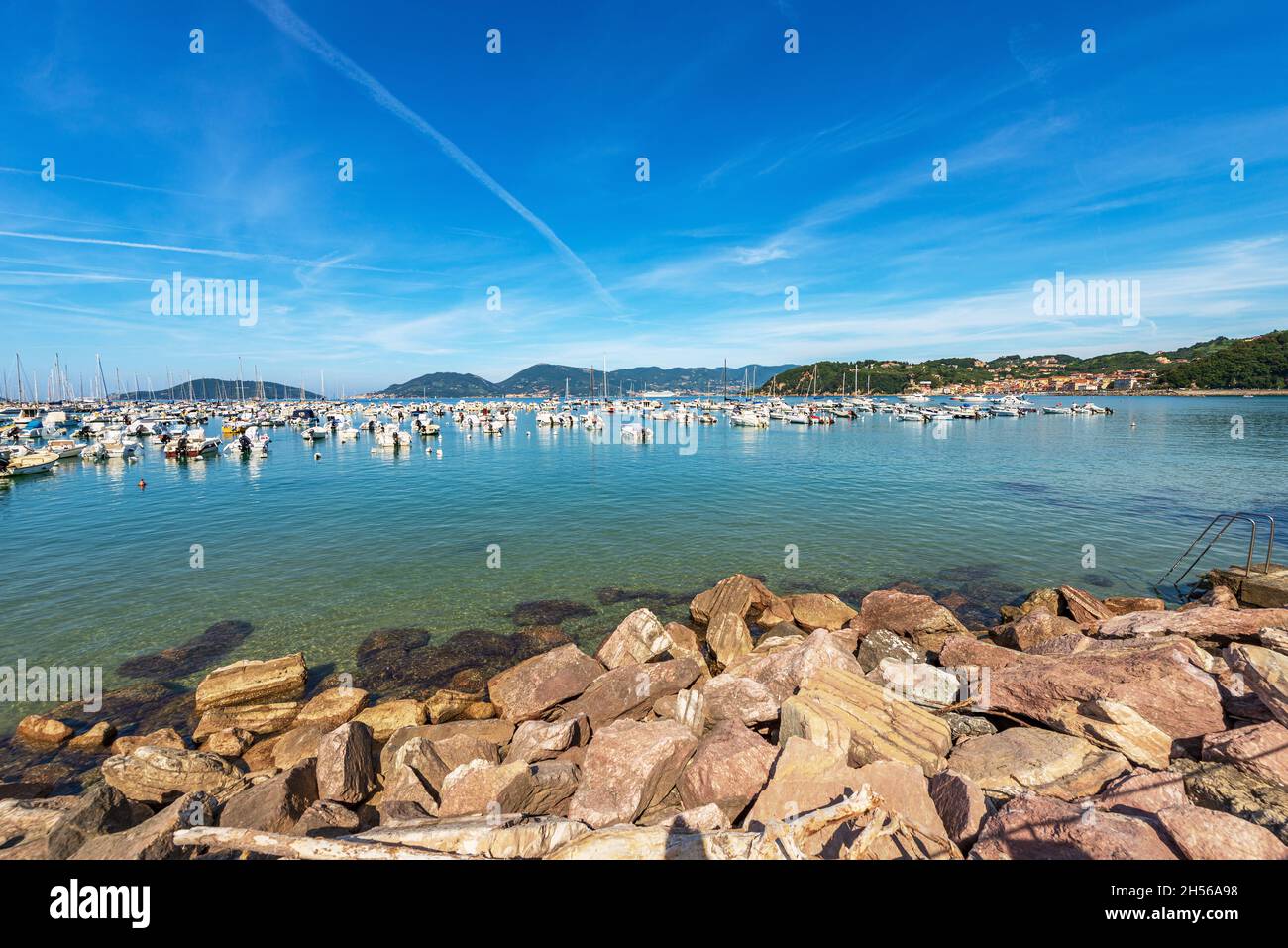 Port of Lerici village with many recreational boats moored. Tourist ...
