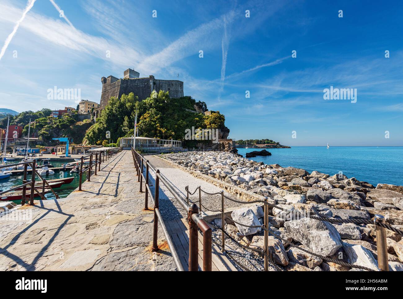 The ancient Castle of Lerici town (1152-1555) from the port. Tourist ...