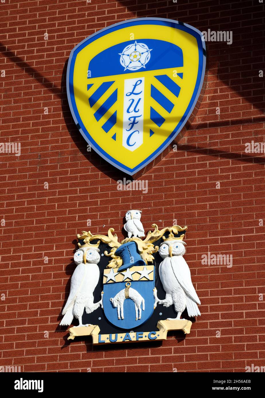Leeds United club badges on the side of the ground during the Premier ...