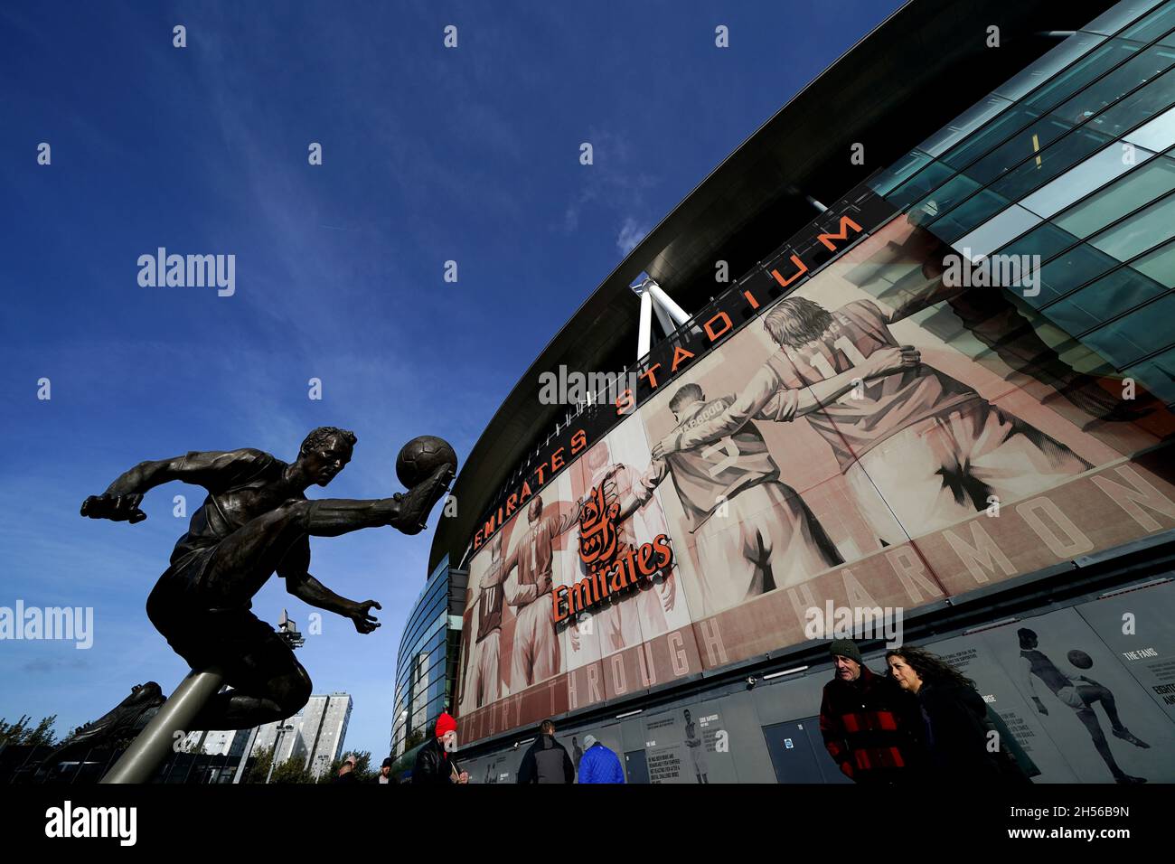 A general view of the Dennis Bergkamp statue outside of the stadium ...
