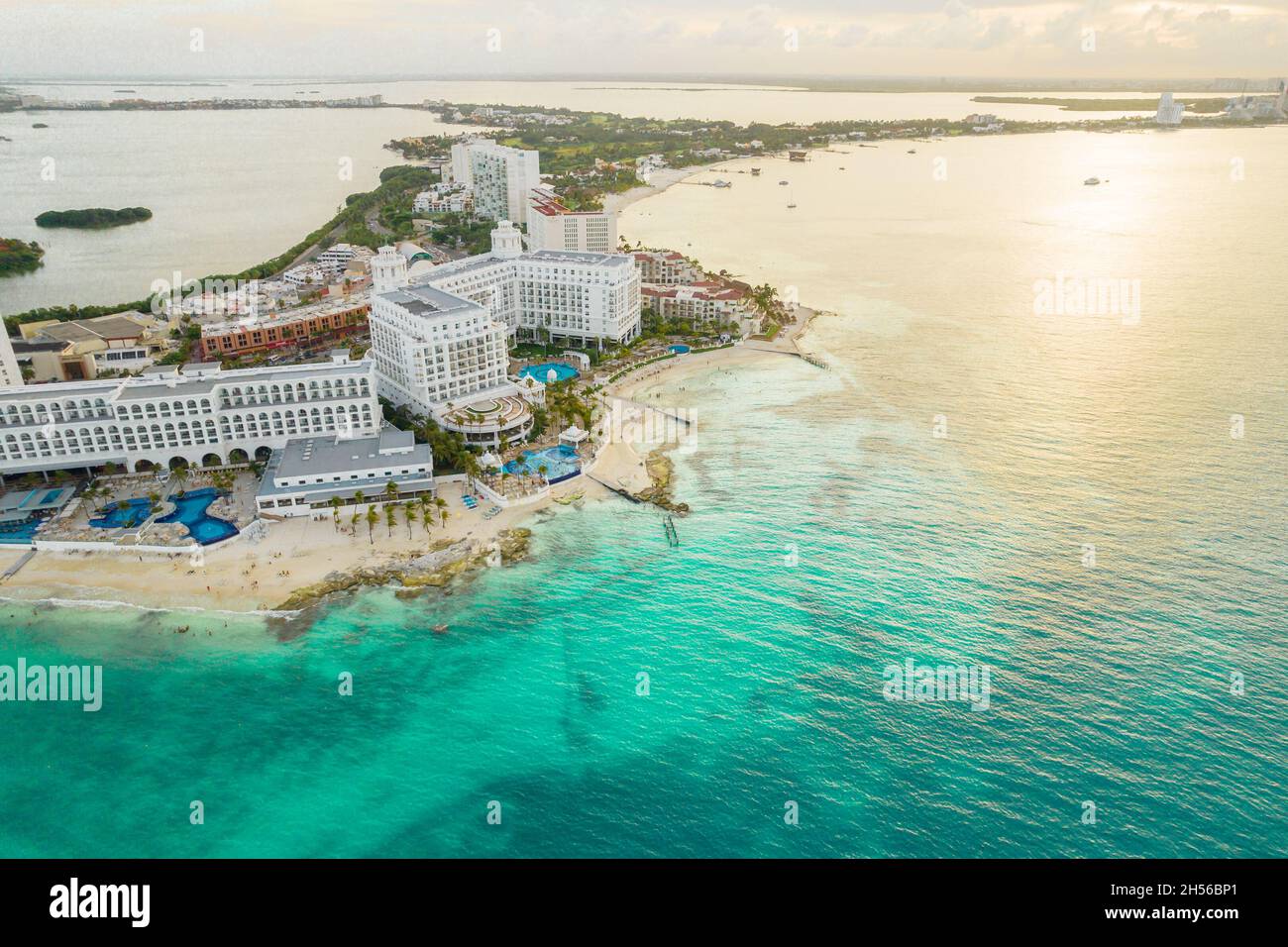 Aerial panoramic view of Cancun beach and city hotel zone in Mexico ...