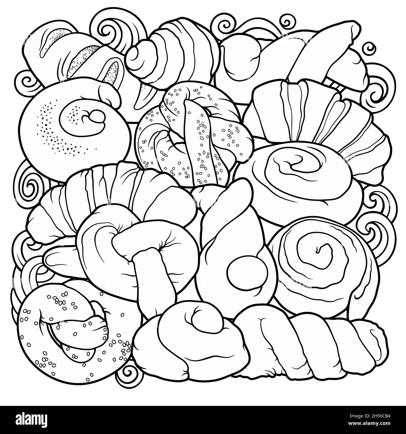 Buns and pastries hand drawn vector doodle line art illustration ...