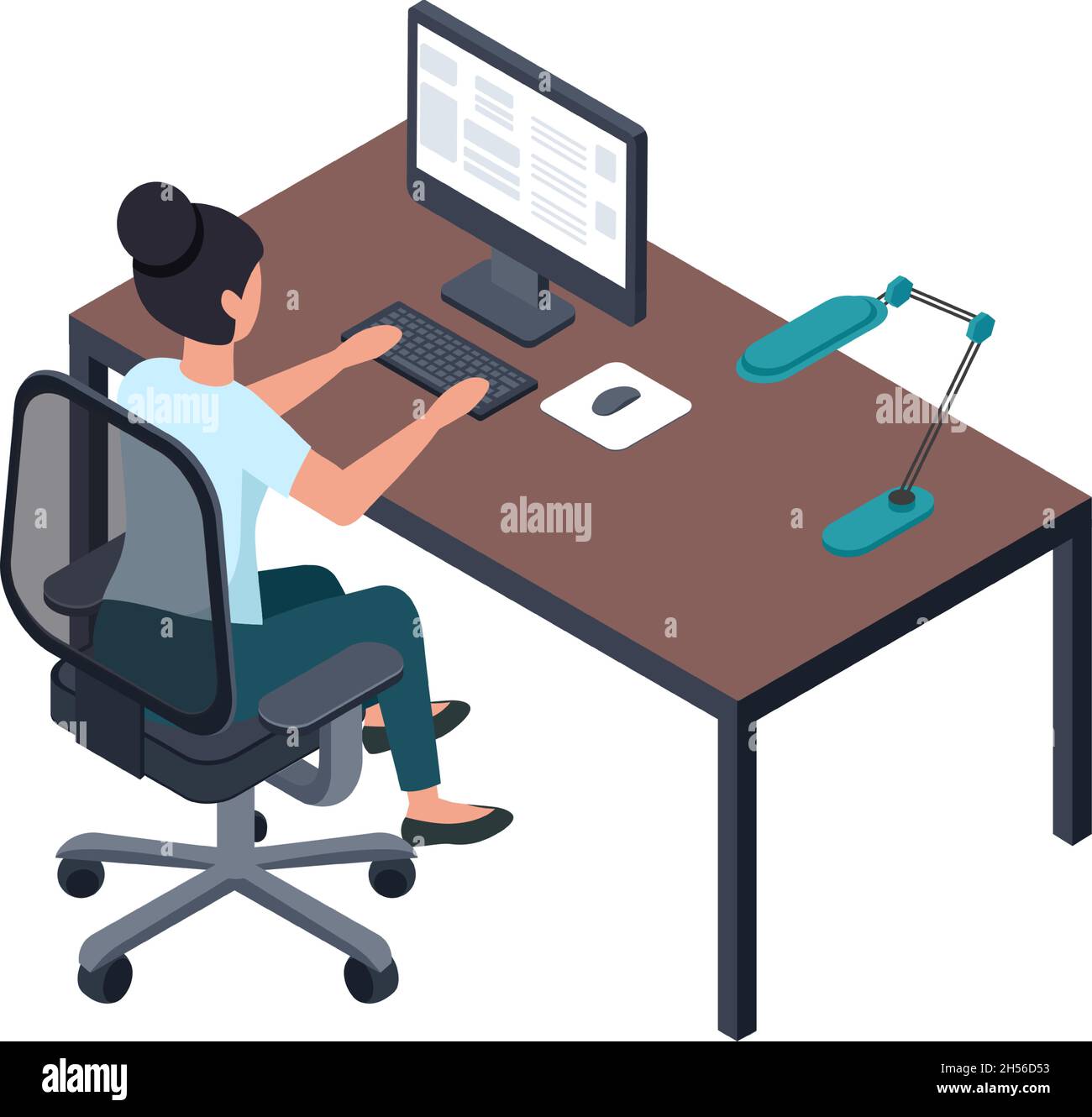 Office worker at work place use computer. Vector person at place desk ...