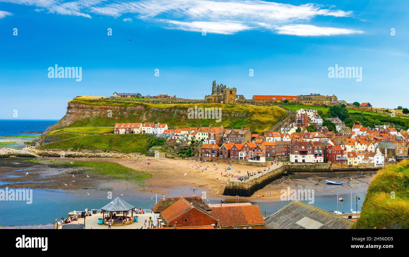 Sunshine on Whitby town, harbour and abbey Stock Photo - Alamy