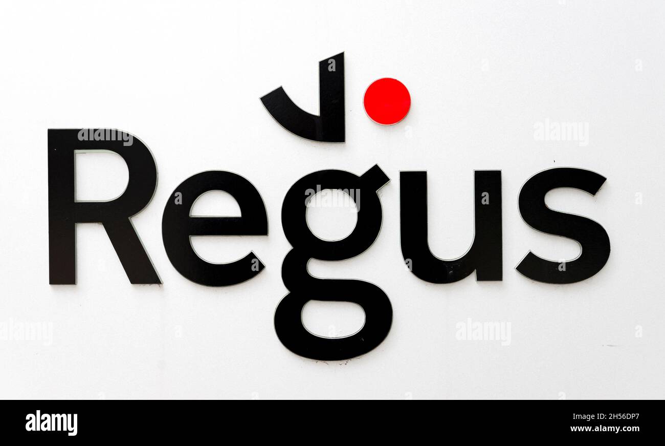 A logo of Regus business which rents office spaces is seen in the ...