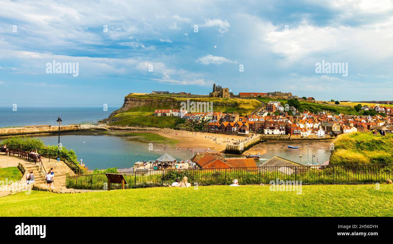 Sunshine on Whitby town, harbour and abbey Stock Photo - Alamy