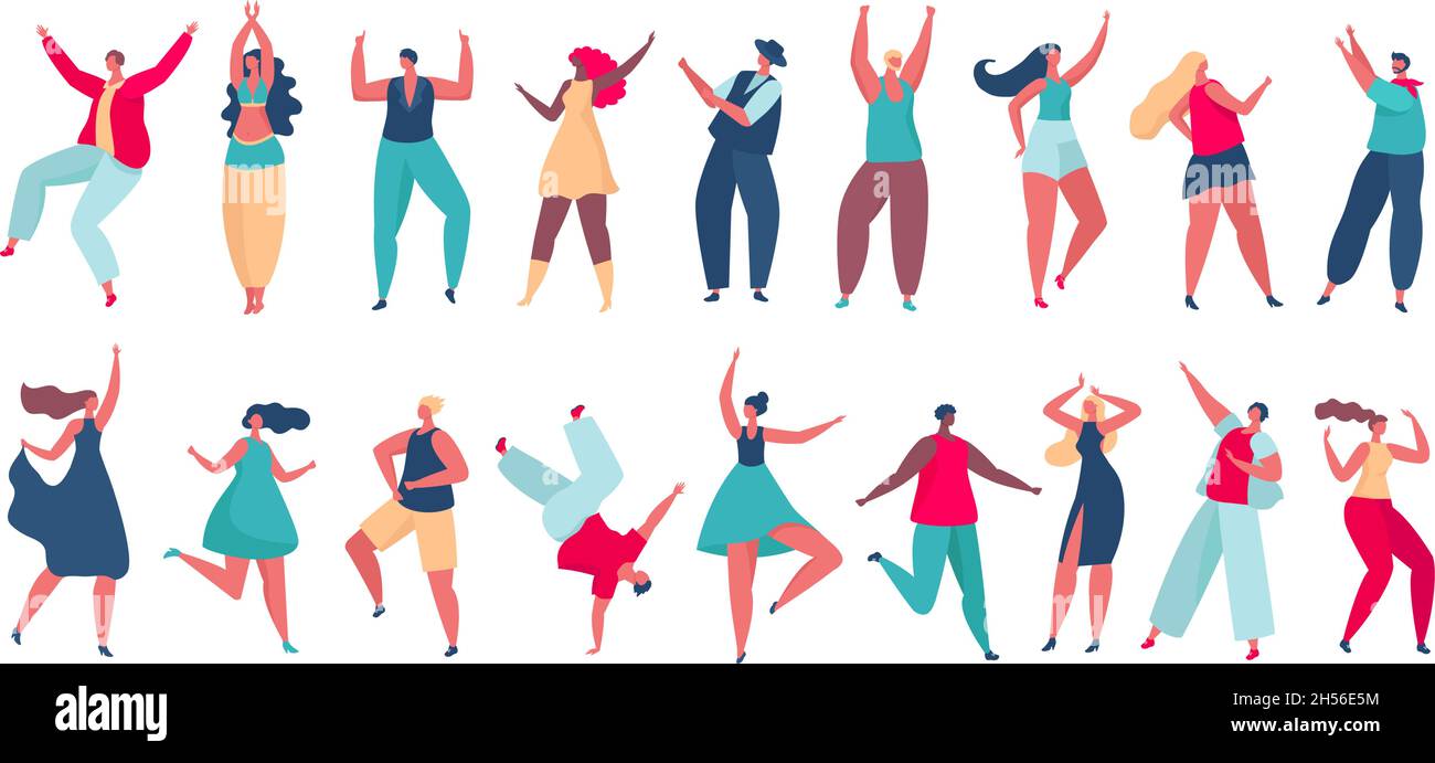 Young people dancing, happy characters in dance poses having fun. Men ...