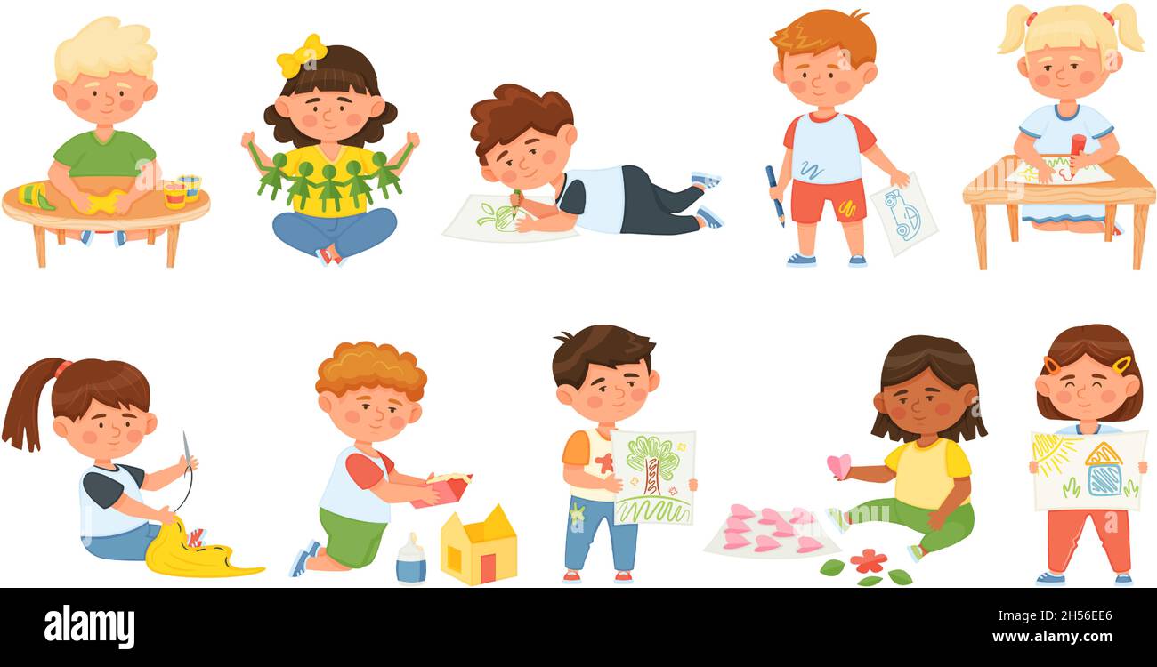 Kids doing creative activities and craft hobbies in art workshop ...