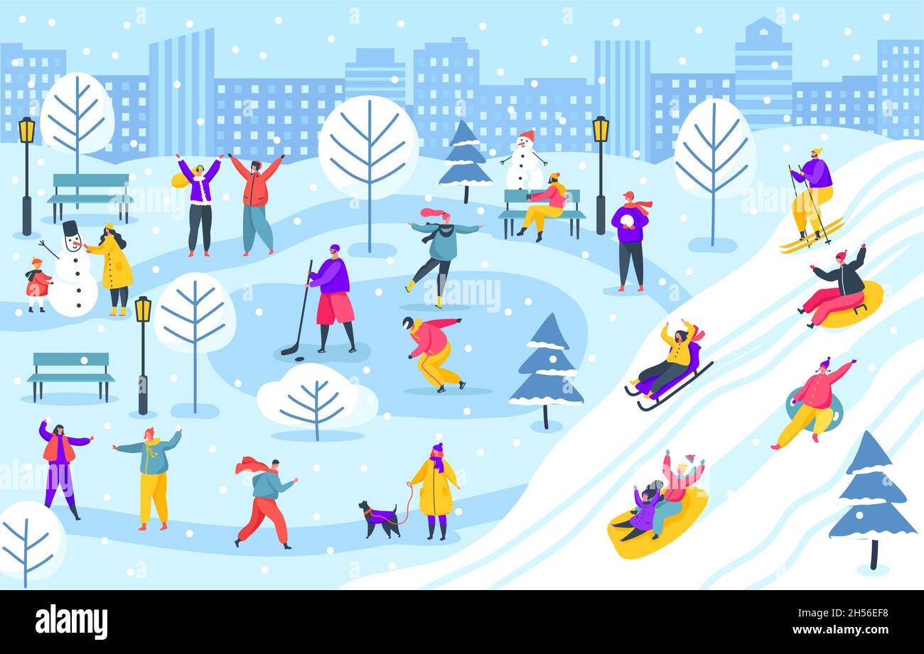 People in winter city park, characters sledding or ice skating. Family ...