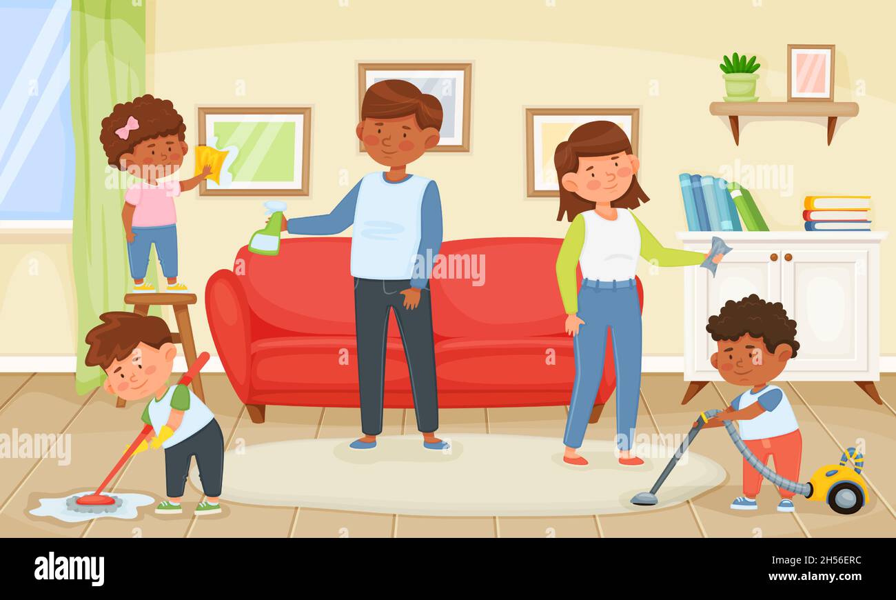 Child helping father housework polishing Stock Vector Images - Alamy