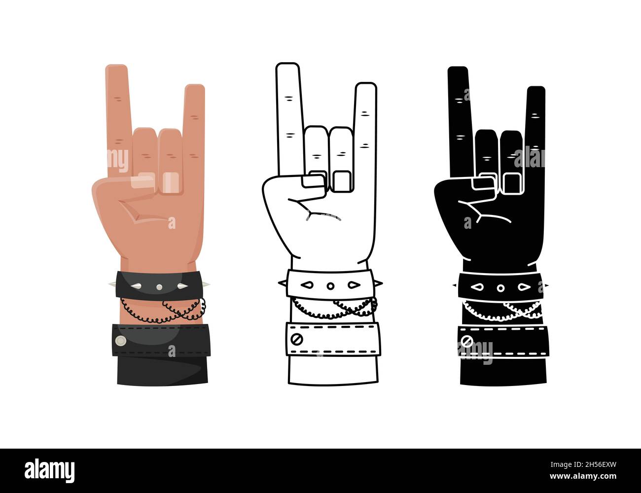 Vector set with three illustrations of hand gestures - rock on, heavy ...