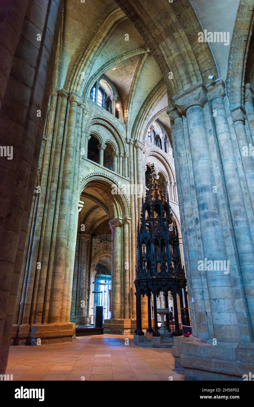 Sun shines through the stained glass windows of Durham cathedral Stock ...