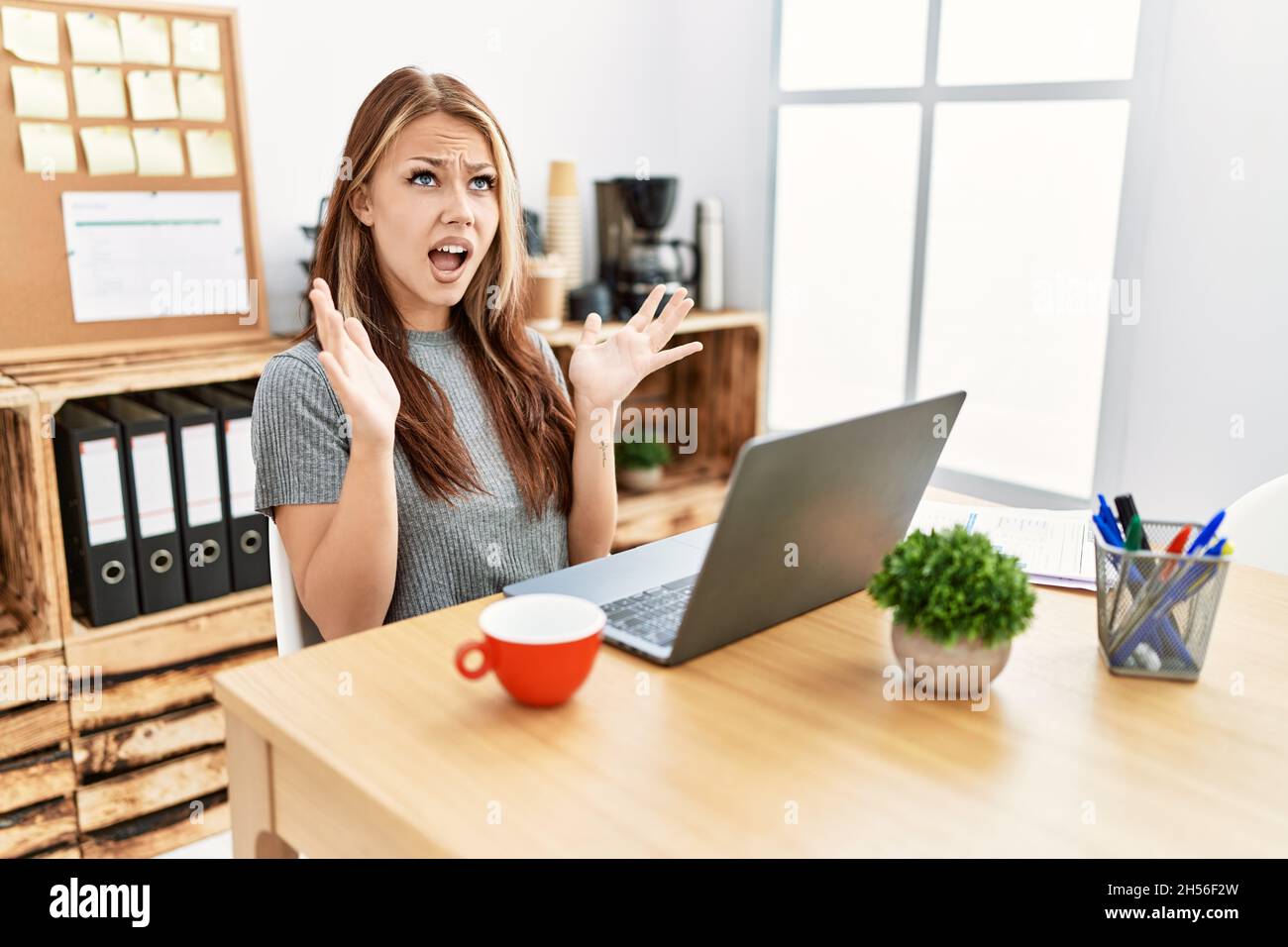 Young brunette woman working at the office with laptop crazy and mad ...