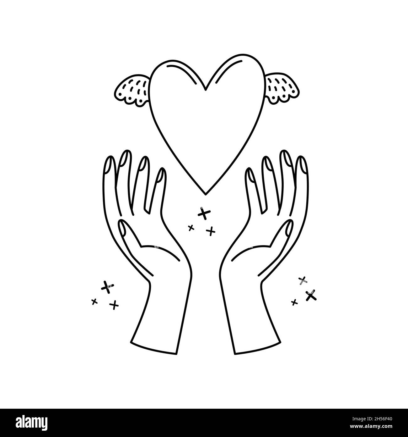 Vector illustration of a woman holding a heart under her hands. Hand ...