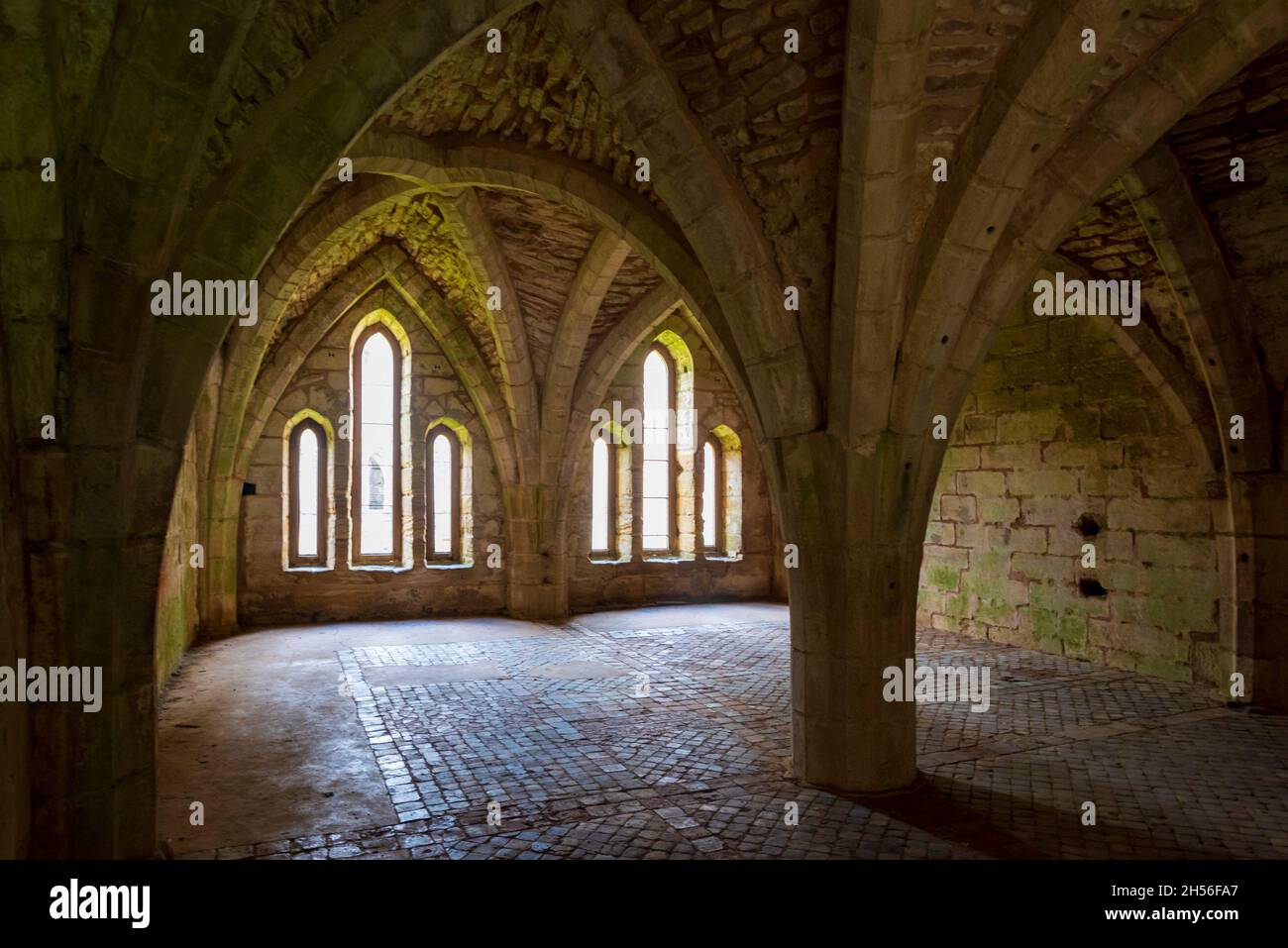 Stone cellars in Ruins of Fountains Abbey in North Yorkshire, England ...