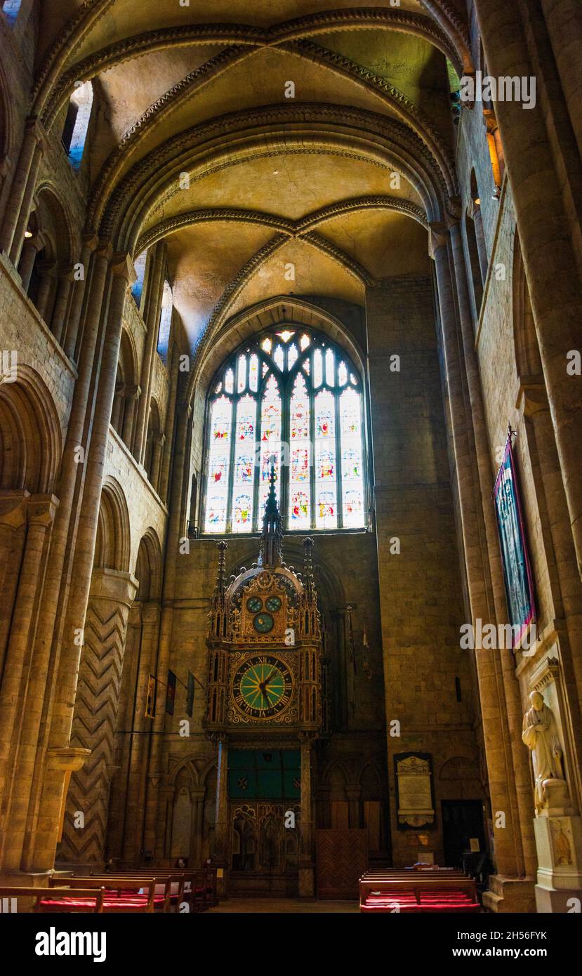 Sun shines through the stained glass windows of Durham cathedral Stock ...